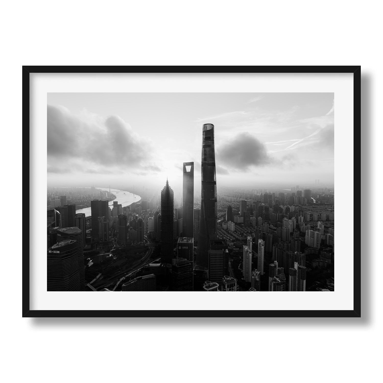 Shanghai Skyline Black and White Wall Art – Framed City Print – Peter ...
